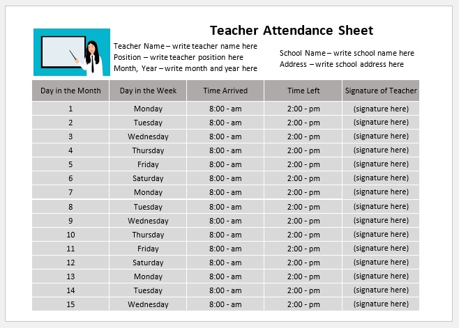11+ Free Teacher Attendance Sheet Templates - My Word Templates
