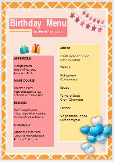 Birthday Menu Template 04 - My Word Templates