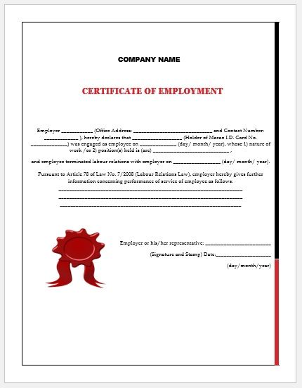 Employment Certificate Templates - My Word Templates